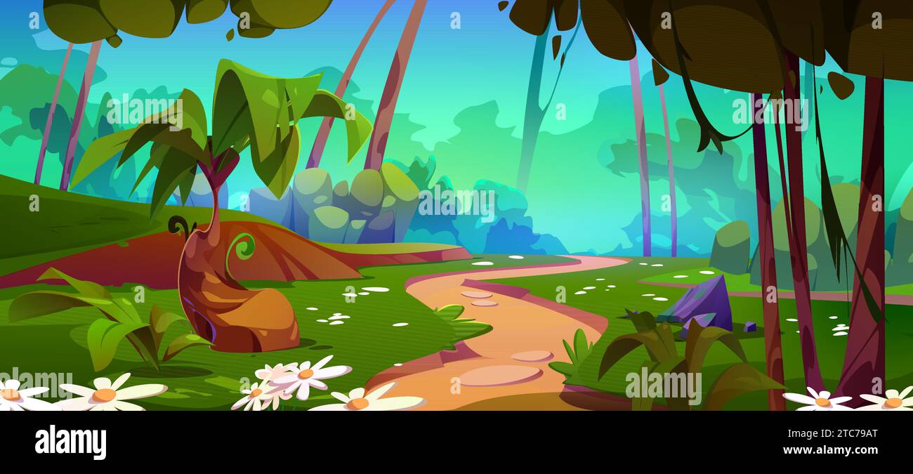 Outgoing path in forest among trees, bushes and flowers. Cartoon vector illustration of spring ...