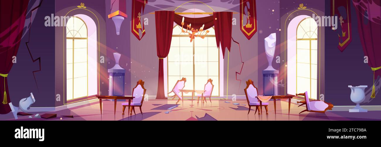 Abandoned and broken ballroom interior. Cartoon vector of destroyed and ...
