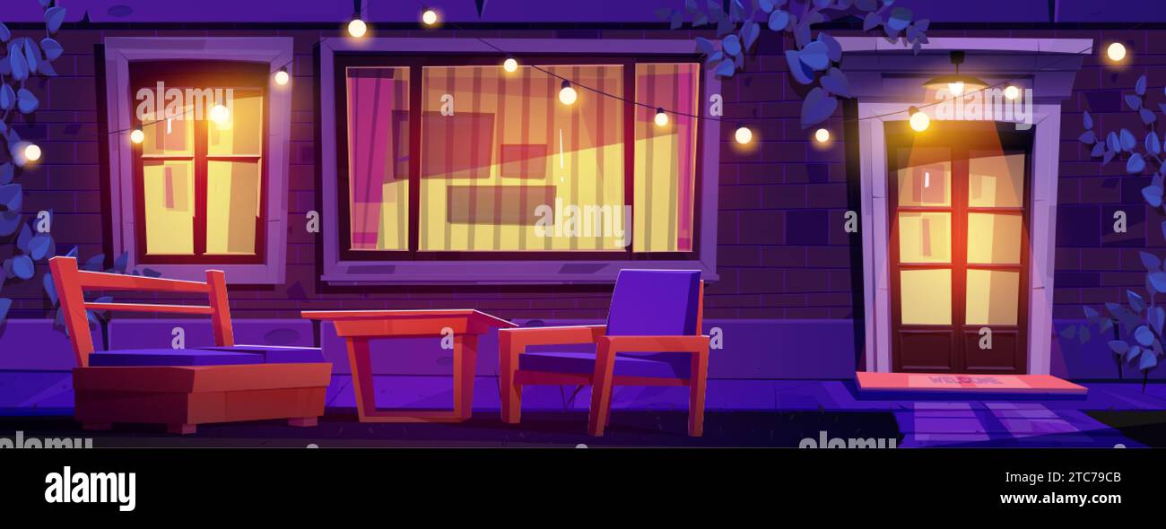 Night house porch and door with window cartoon vector background ...
