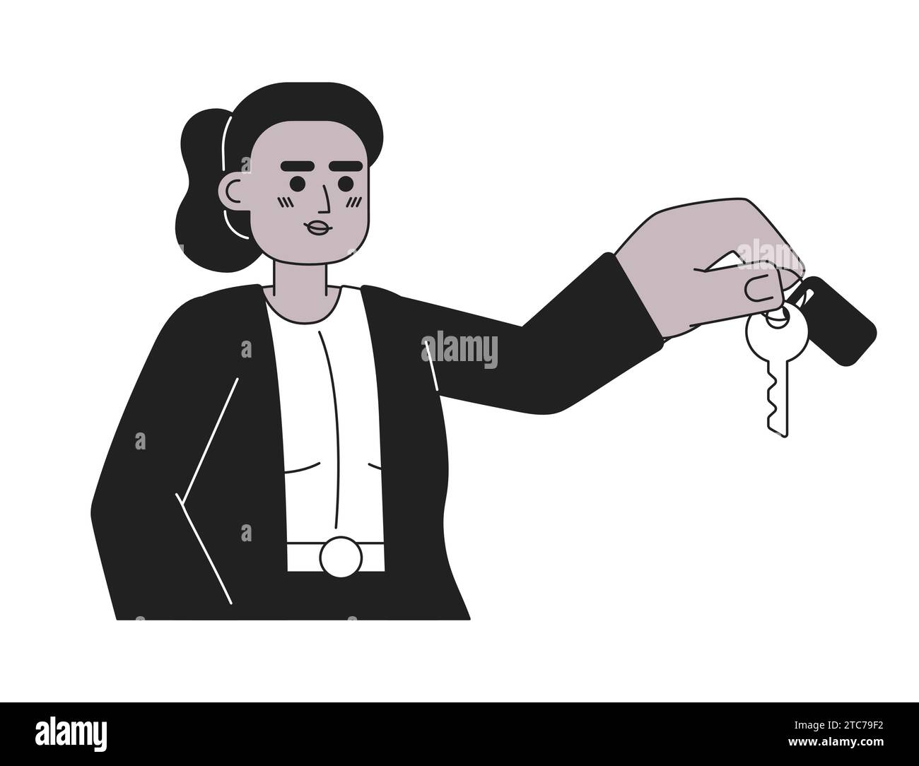 Real estate agent female giving key black and white 2D cartoon ...