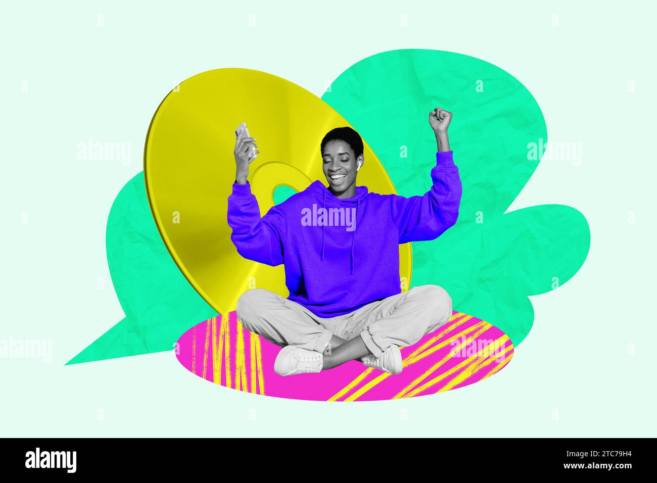 Horizontal photo collage of stylish young girl woman sit on vinyl ...