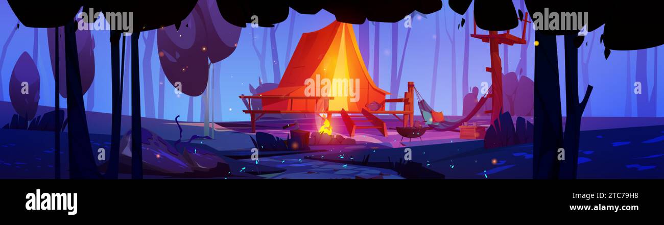 Camping site with bonfire in night forest. Vector cartoon illustration ...