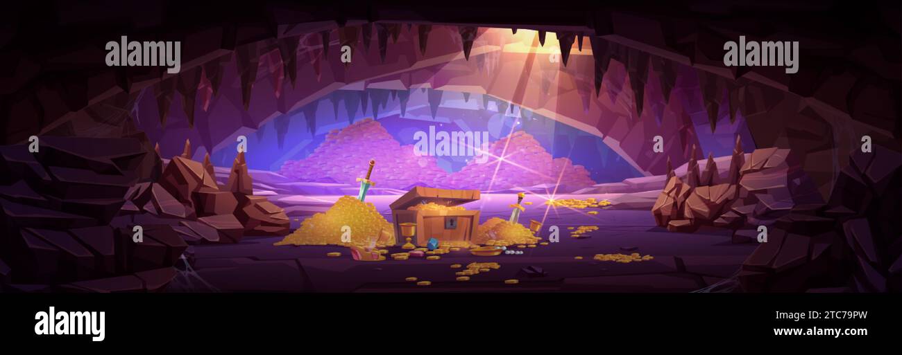 Large cave with piles of gold. Vector cartoon illustration of ...
