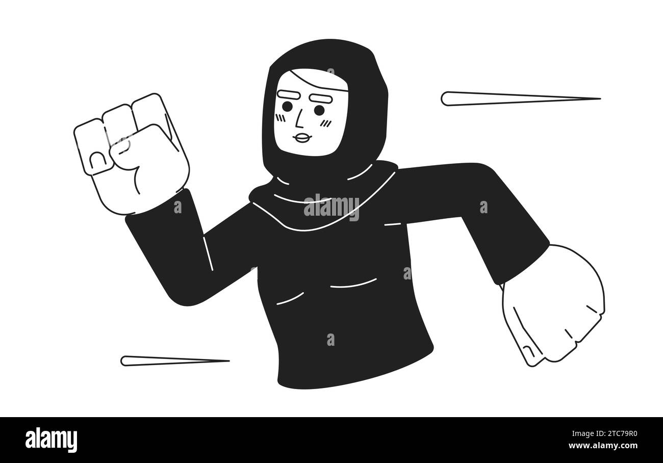 Running in hijab athlete woman black and white 2D cartoon character ...