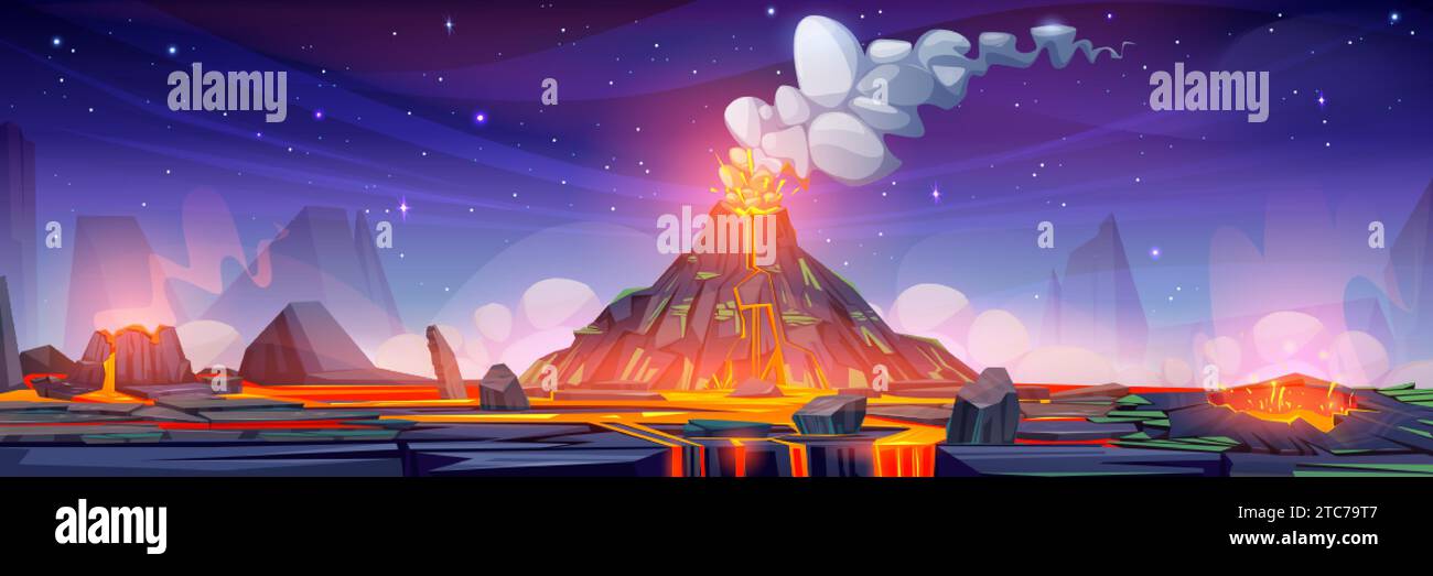 Volcanic eruption on night rocky landscape. Vector cartoon illustration ...