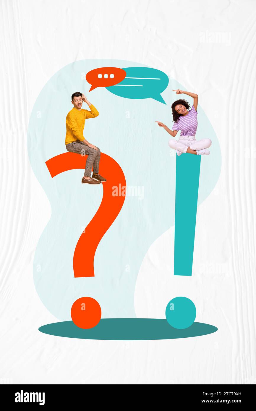 Vertical photo collage of two young friends couple people sitting on ...