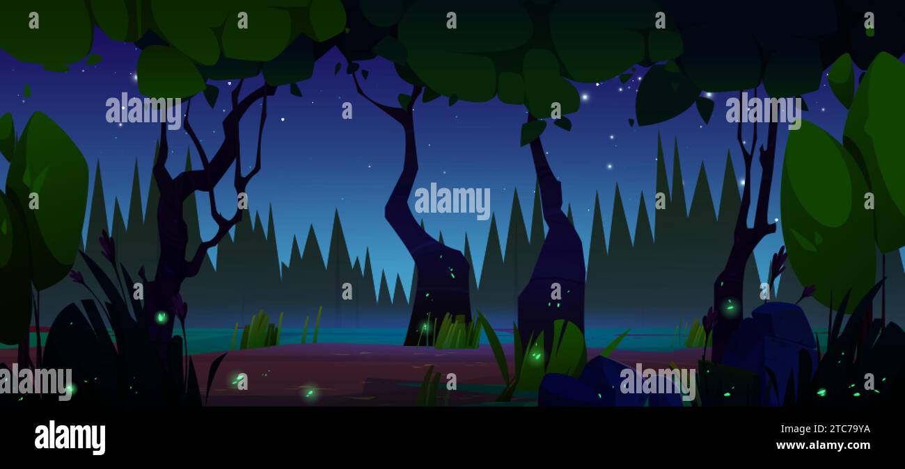 Swamp in forest at night. Cartoon vector of dark evening woodland ...