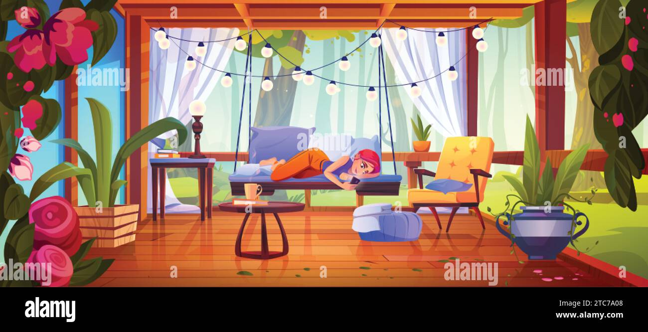 House terrace with woman cartoon vector illustration. Home patio with ...