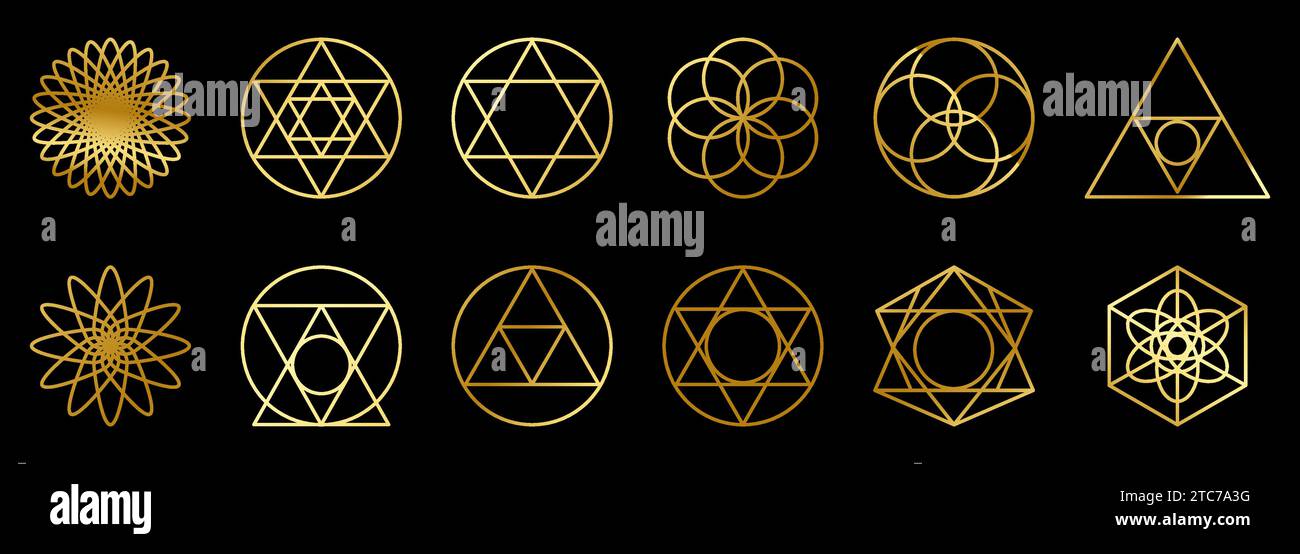 Sacred geometry icons in golden gradient. Geometry outline shapes ...