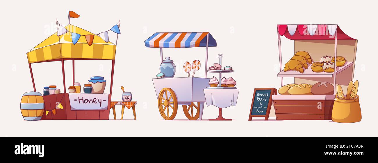 Street food market stalls with honey and bee products, fresh bakery ...