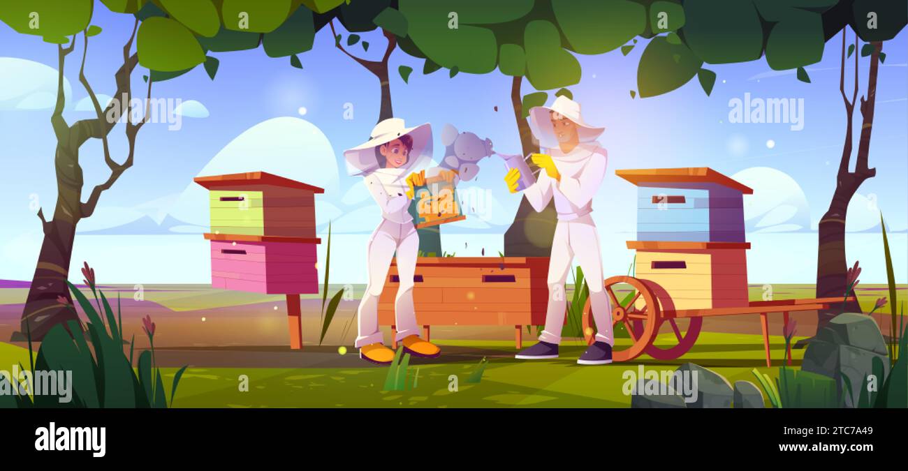 Two beekeepers working at bee farm. Vector cartoon illustration of man ...