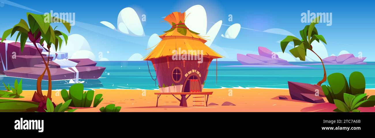 Hut on island beach tropical cartoon illustration. Hawaii summer house ...