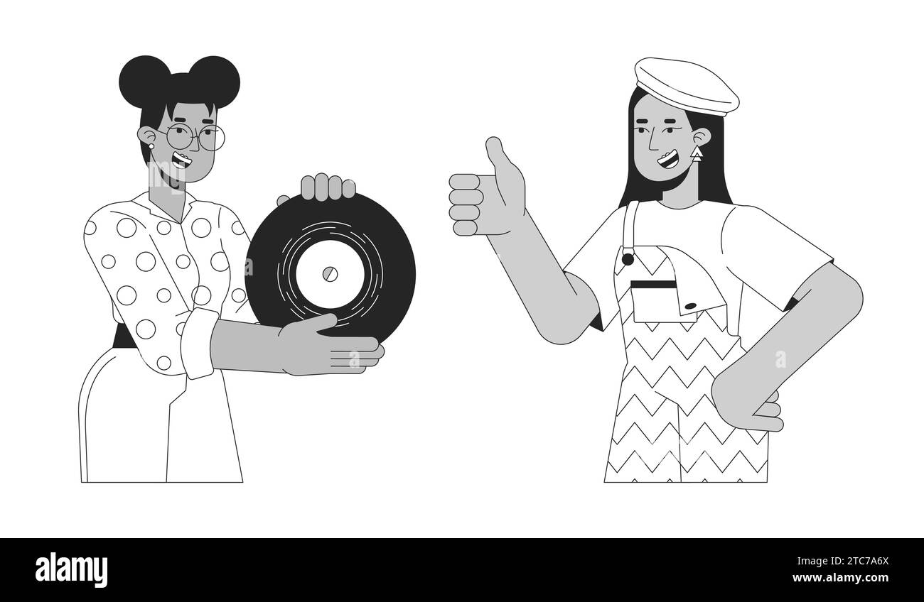 80s lovers female friends diverse 2D linear cartoon characters Stock ...