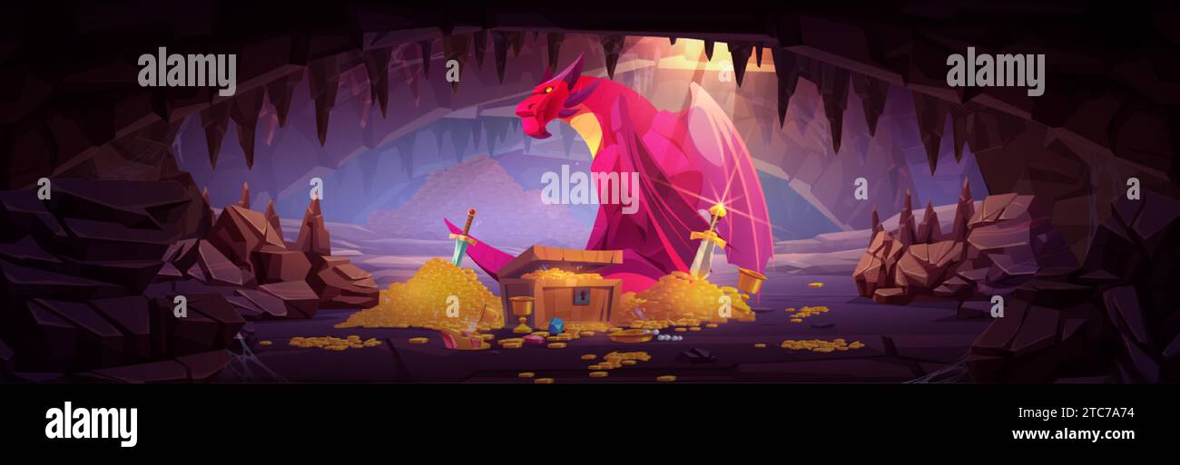 Dragon defense and guard treasure in cave. Cartoon landscape of dungeon ...