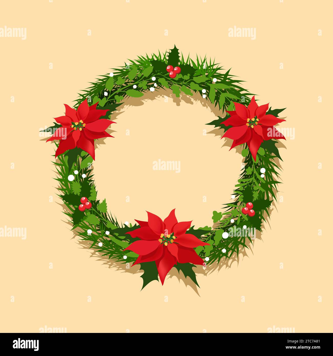Christmas wreath of poinsettia, holly and pine Stock Vector Image & Art ...