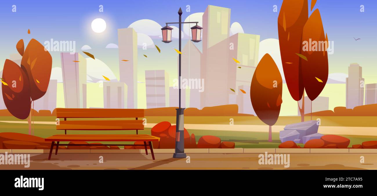 Autumn city public park with bench, lantern and trees with orange ...