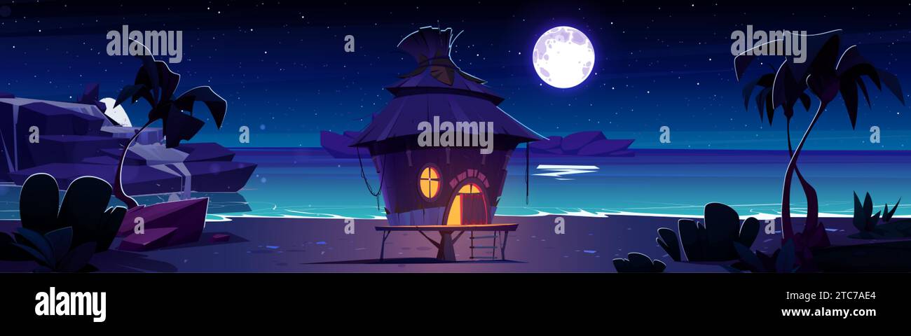 Small house with straw roof and light from window and door on sandy sea ...