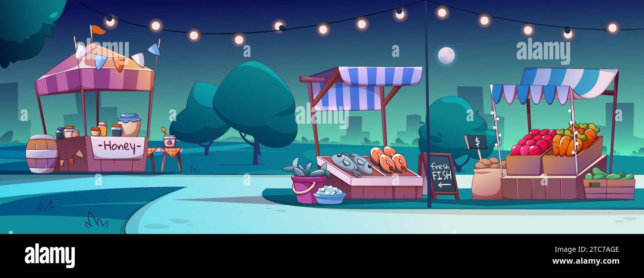 Street food market at night - cartoon vector of stalls with fresh fish ...