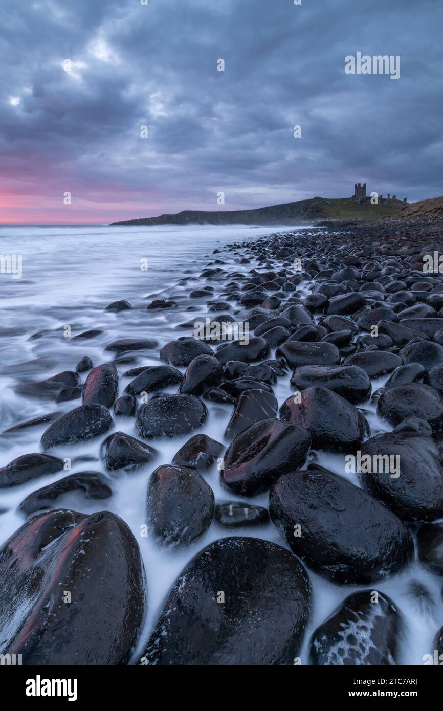 Moody dawn sky over Dunstanburgh Castle from the boulder strewn shore ...
