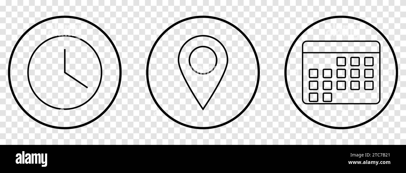 Time, address, date icons on outline circle. Vector illustration isolated on transparent ...