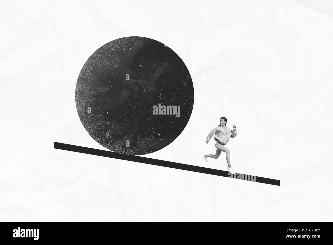 Collage banner of young funny lady running away in sports wear scared ...