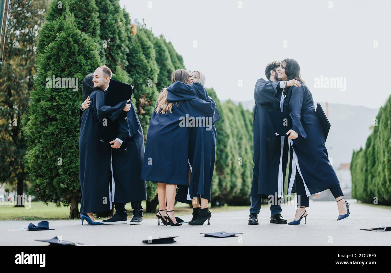 University friends celebrate graduation in park, throwing caps ...