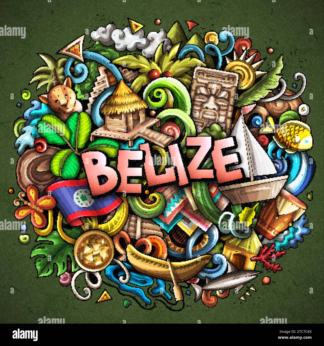 Vector funny doodle illustration with Belize theme. Vibrant and eye ...