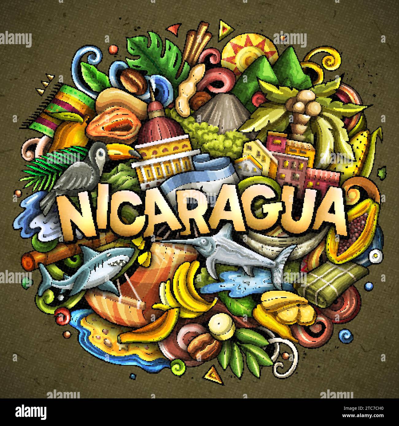 Vector funny doodle illustration with Nicaragua theme. Vibrant and eye ...