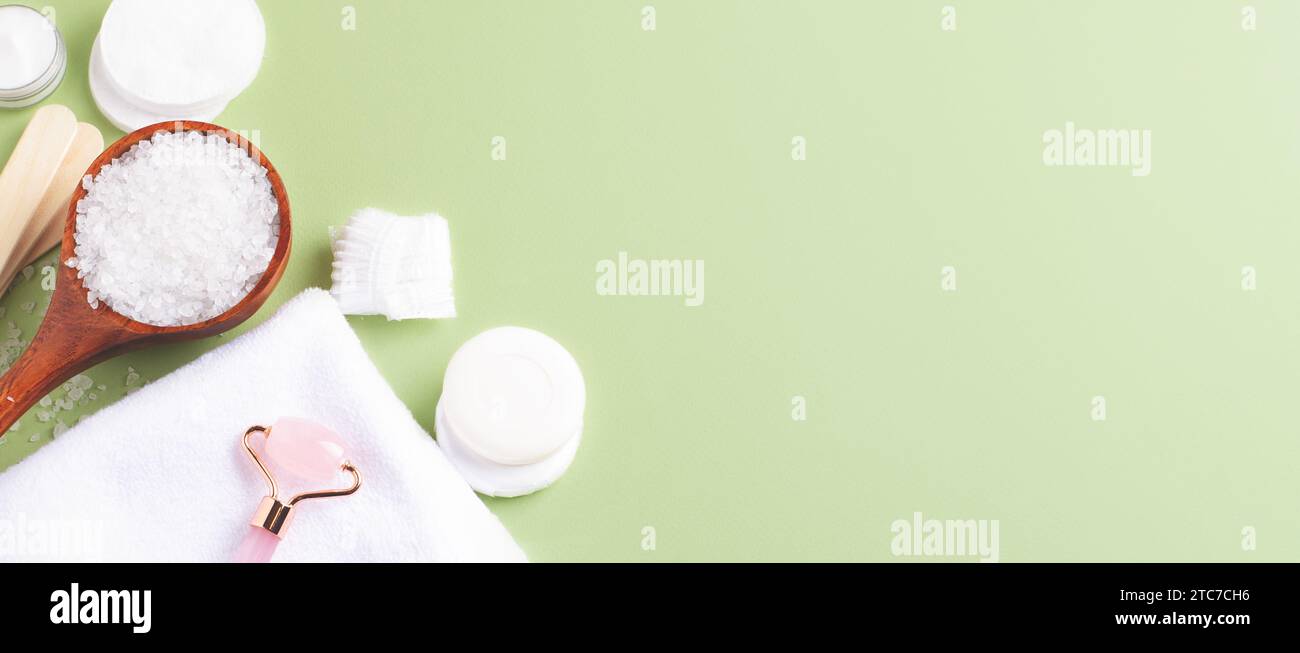 Self care, body care web banner with bath and shower cosmetics arranged ...