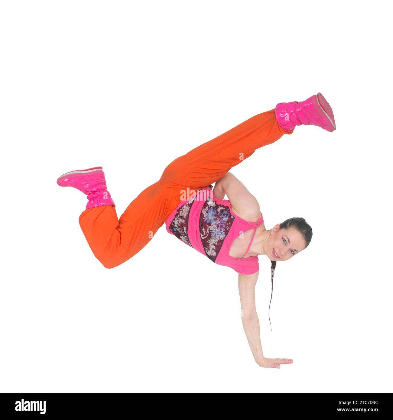 Female Hip hop Dancer balances on one hand On white Background Stock ...