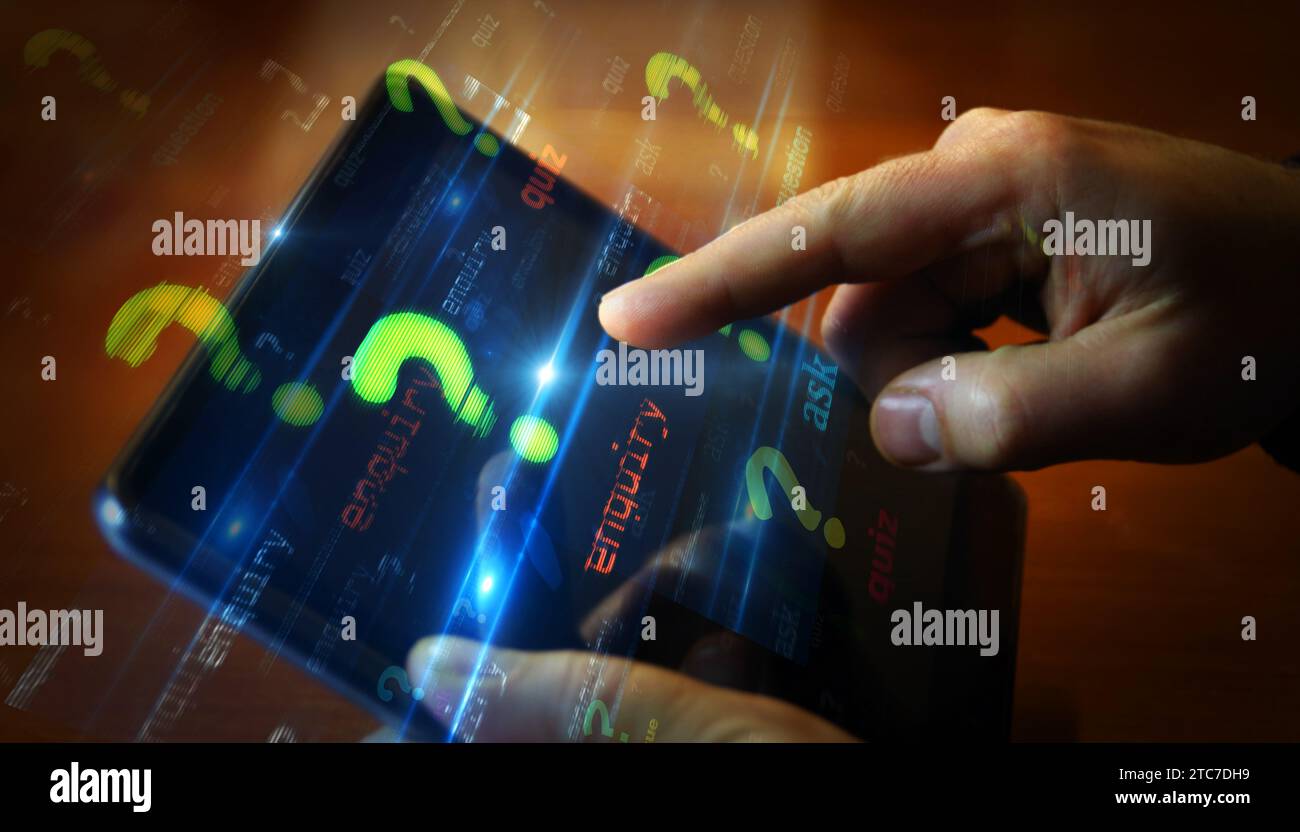 Question mark symbol mobile technology concept. Abstract sign on glitch ...