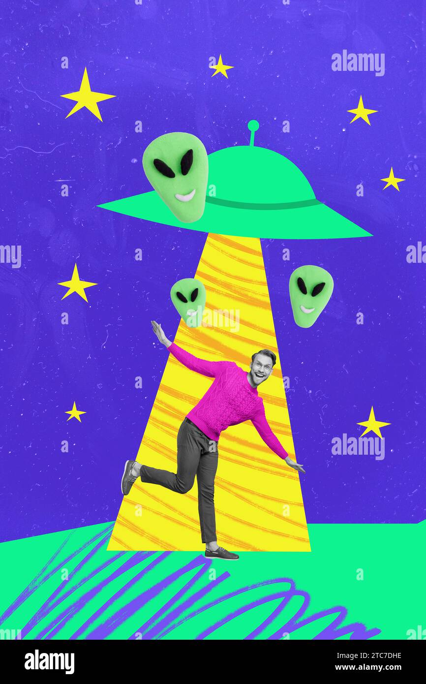 Vertical collage picture of aliens ufo spaceship abduct excited black ...