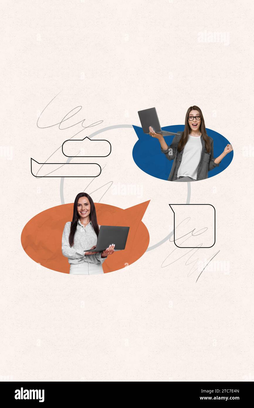 Creative vertical illustration poster two young ladies communicate ...