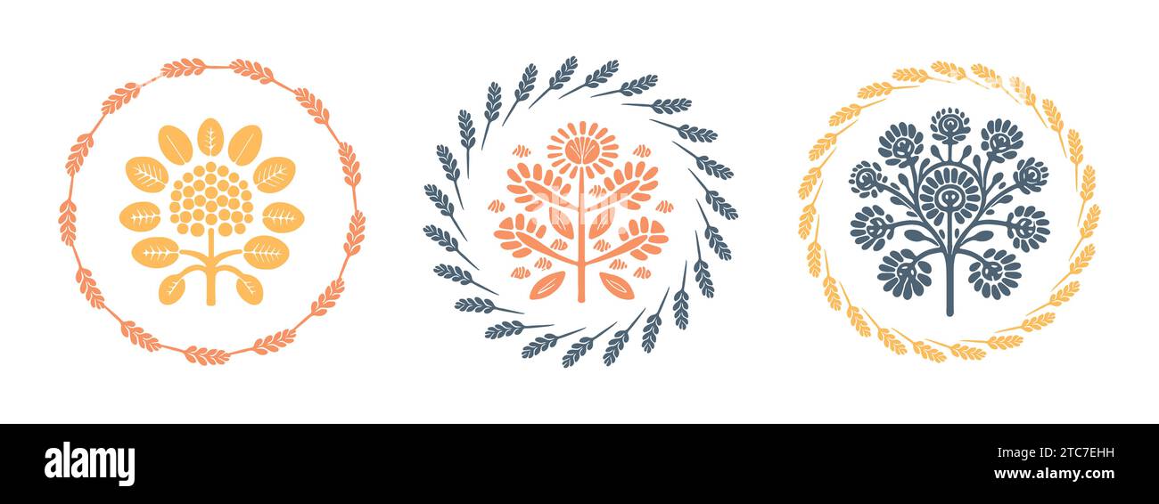 Prairie vector flower wreath isolated clipart set for rural folkart ...