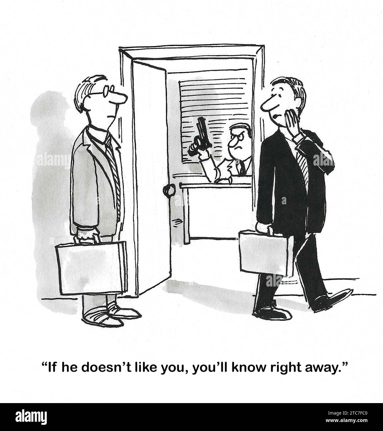BW cartoon of a male boss holding a gun, in the background, and two ...