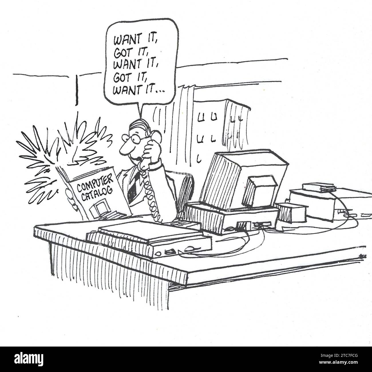 BW cartoon of a professional male who wants all high tech computer ...