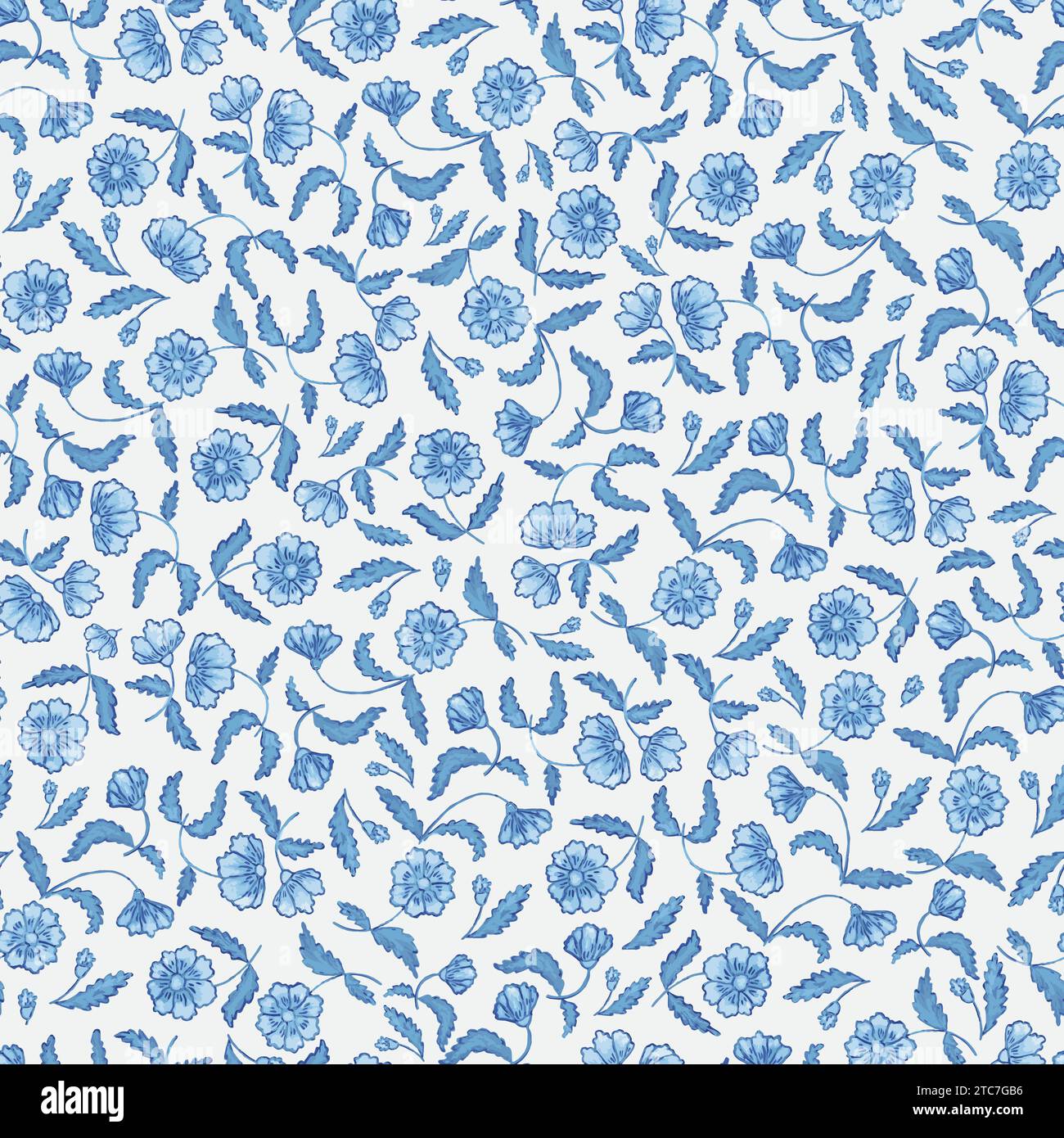 Floral pattern in blue and white, in the style of influenced by ancient ...