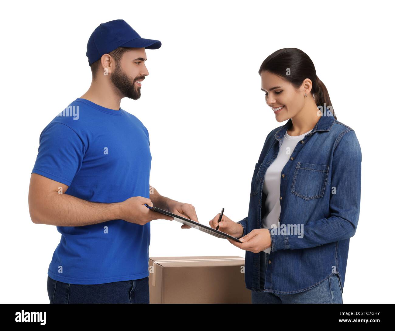 Smiling woman signing order receipt on white background. Courier ...