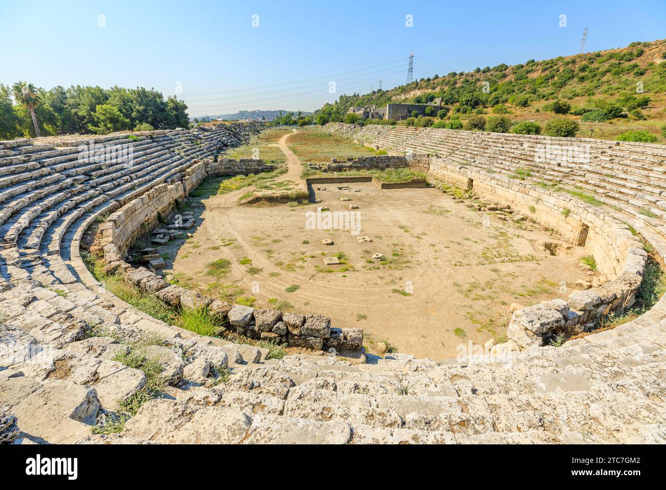 Aerial view on well-preserved ruins of the stadium of Perge City of ...