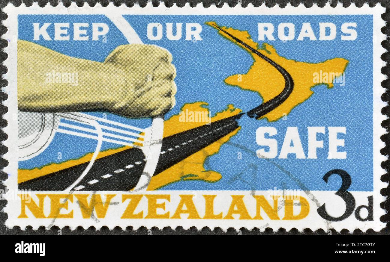 Cancelled postage stamp printed by New Zealand, that shows Road Safety ...