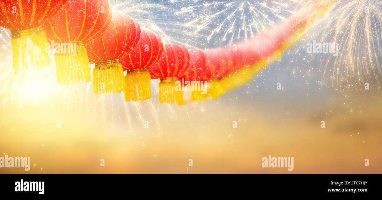 Chinese New Year lanterns and firework. Lunar new year celebration in ...