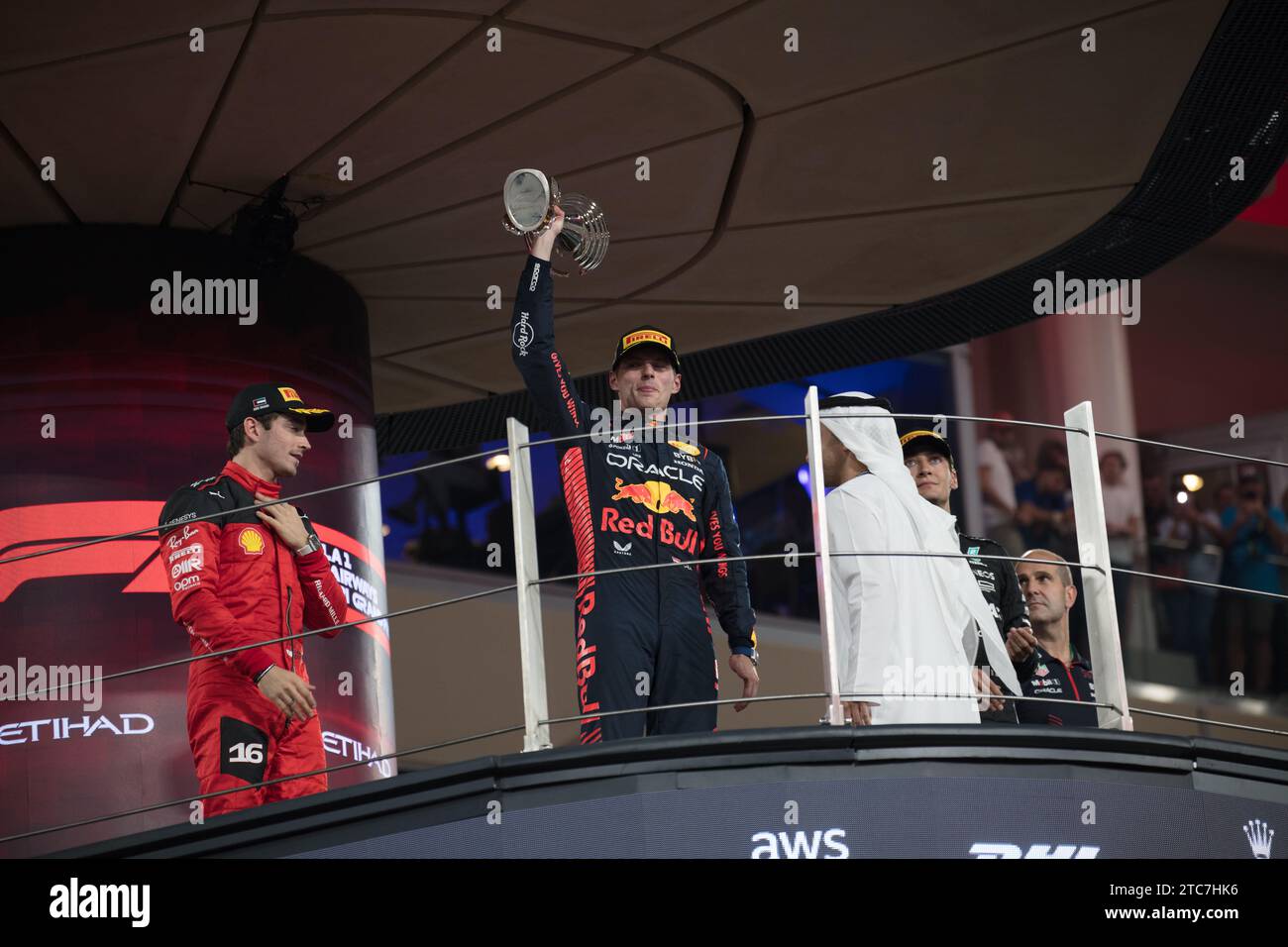 Max Verstappen receiving trophy for winning Abu Dhabi Grand Prix 2023 Stock Photo - Alamy