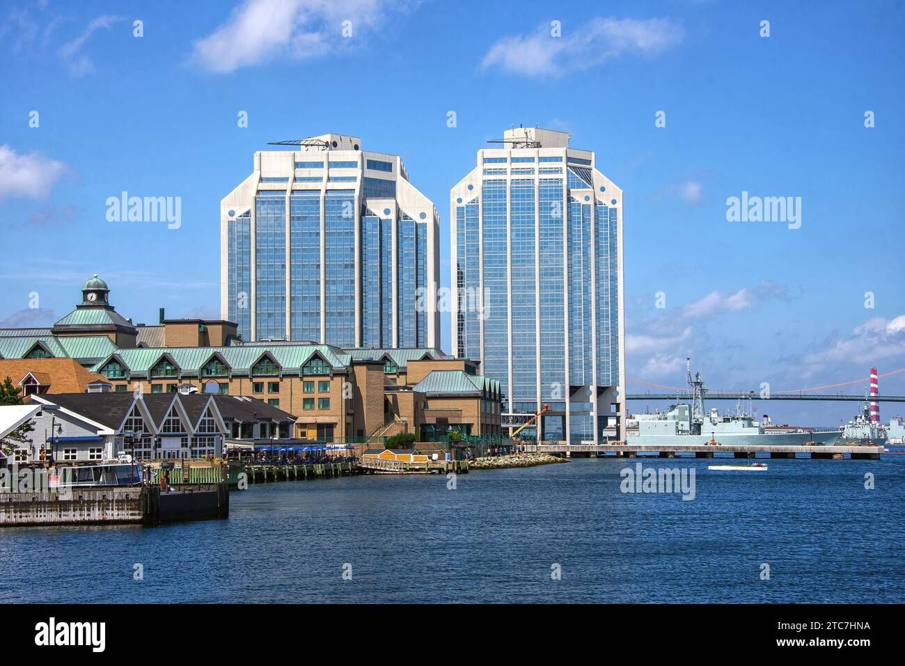 Halifax waterfront with naval battleship and MacDonald Bridge in the ...