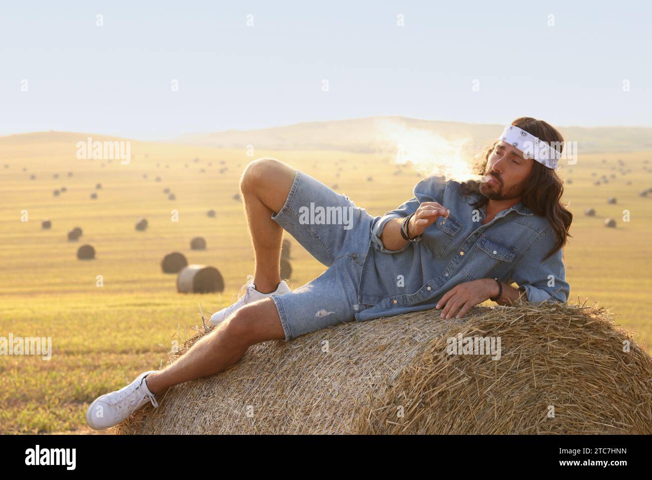 Hippie man smoking joint on hay bale in field Stock Photo - Alamy