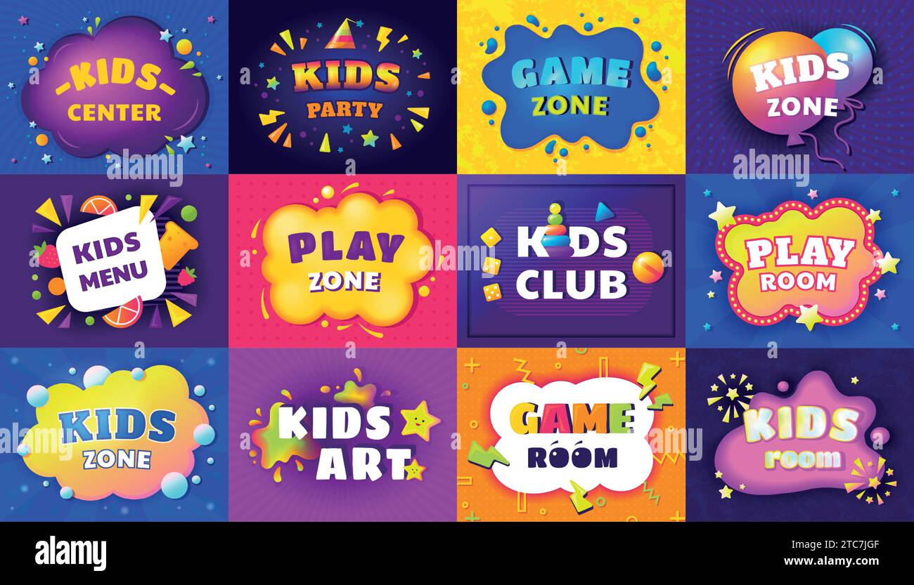 Kid background. Children game party, fun banner with child signs, color ...