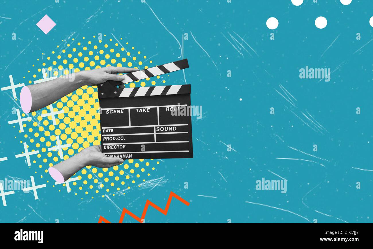 Hands holding clapper board making video cinema in studio. Movie ...