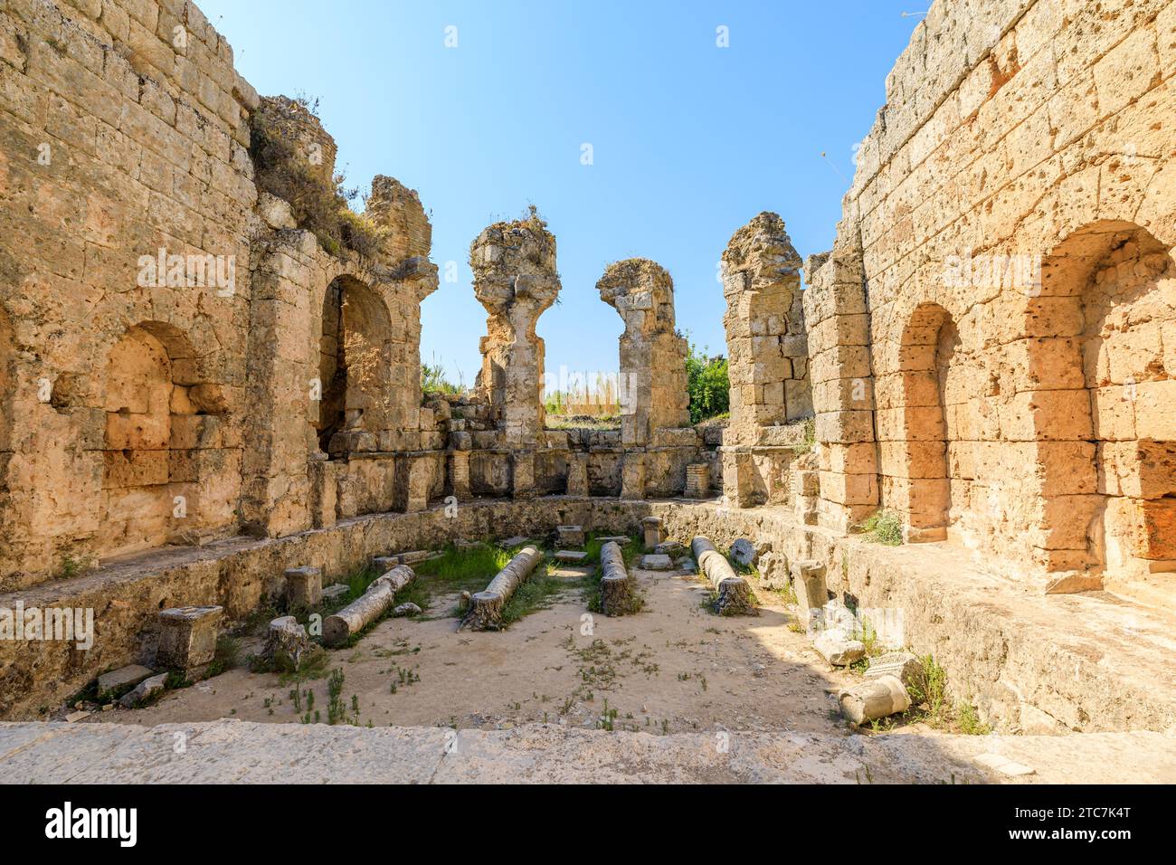 The ancient ruins with palaestra and roman baths of Perge in Turkey ...