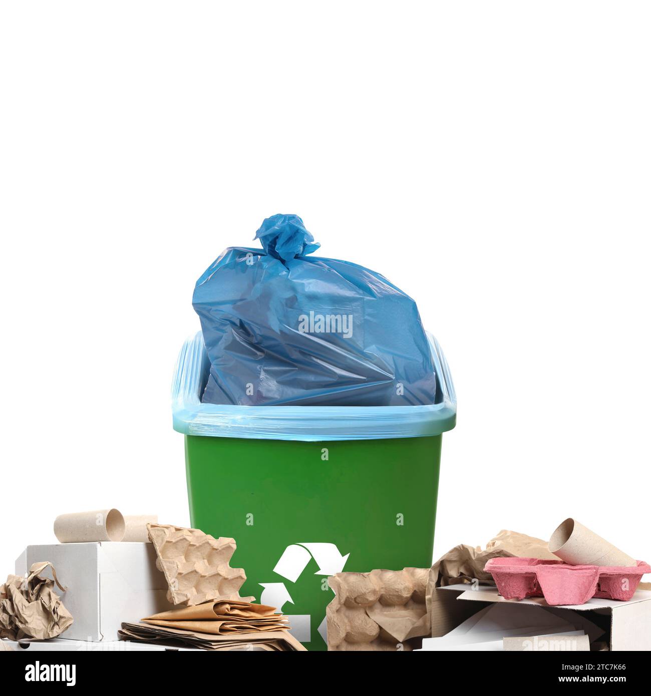 Waste bin with plastic bag full of trash surrounded by garbage on white ...