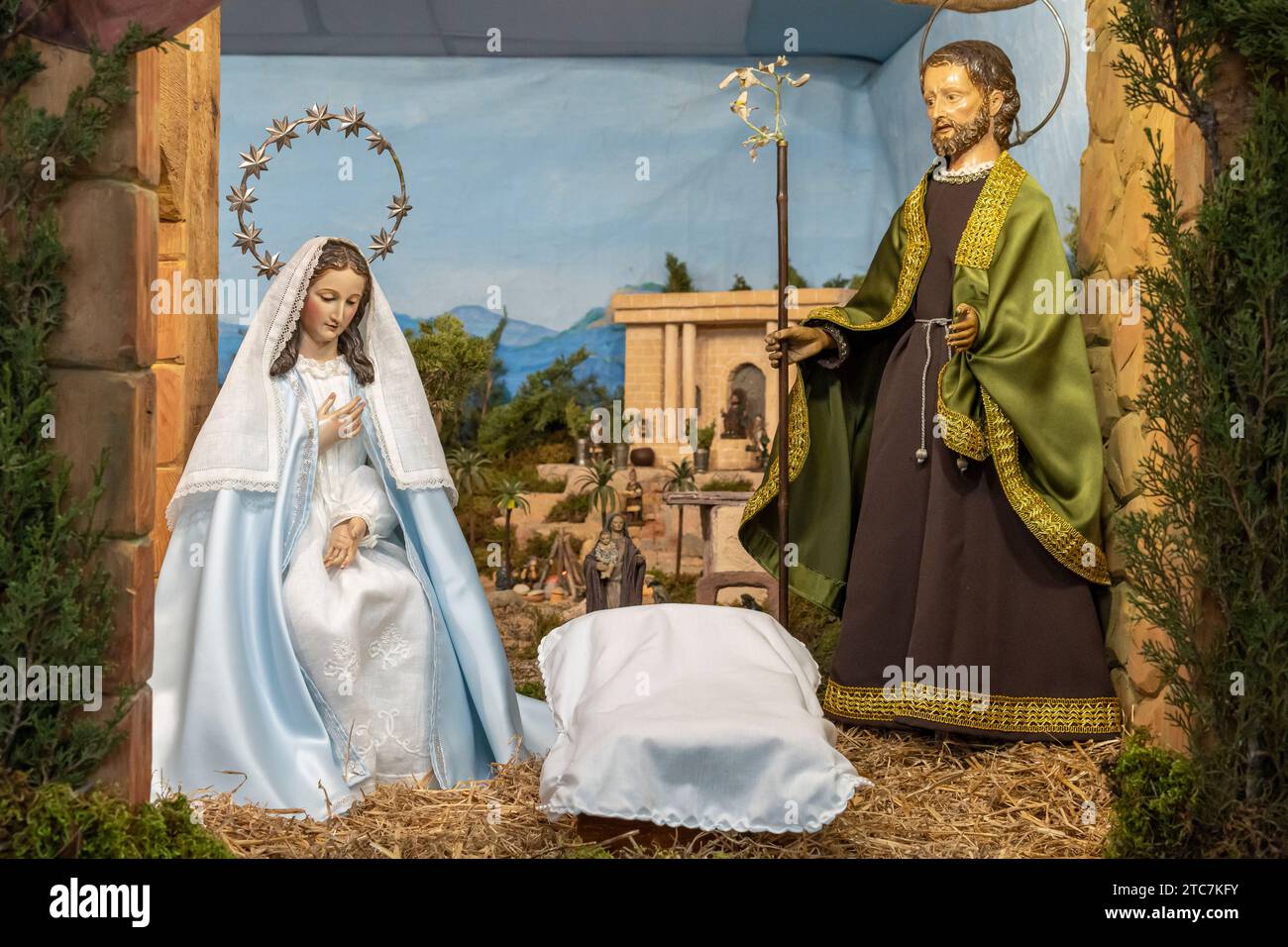 Figurines from a catholic christian nativity scene in the parish church ...