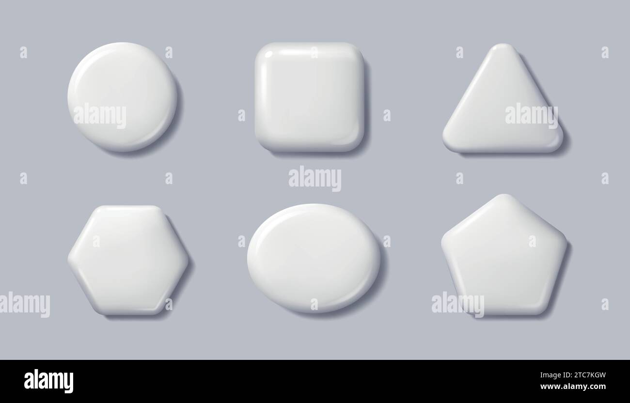 3D buttons. White pin badge. Plastic glossy metal frame for label or logo. Blank shiny push ...